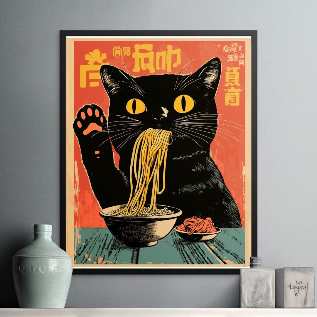 Cute Black Cat Eating Noodles Poster, Funny Cat Art Print, Cute Kitchen ...