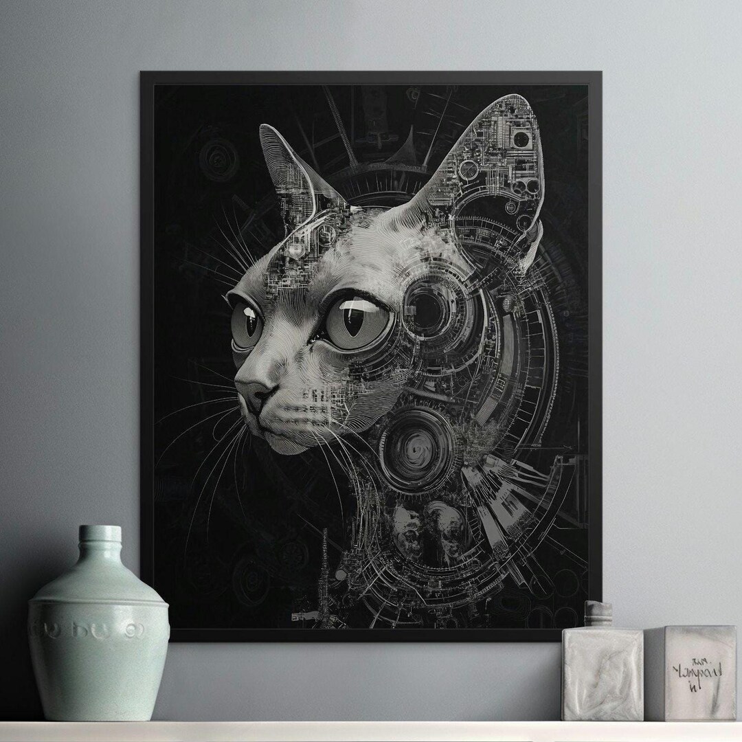 Futuristic Cat Wall Art, Digital Cat Art Print, High Tech Cat ...