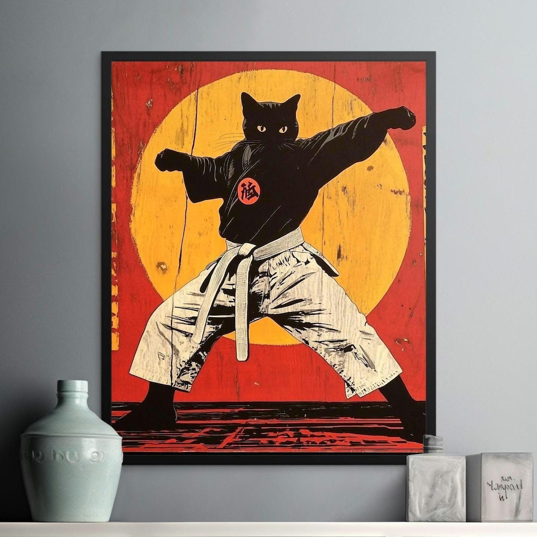 Karate Cat Canvas, Funny Animal Poster, Framed Art Print, Black Cat ...