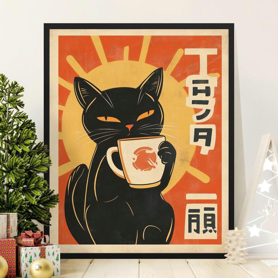 Vintage Black Cat Wall Art, Retro Cat Art Print, Japanese Inspired Cat ...