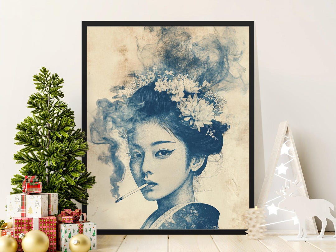 Vintage Geisha Smoking Poster Print, Japanese Art Smoke Aesthetic Wall ...