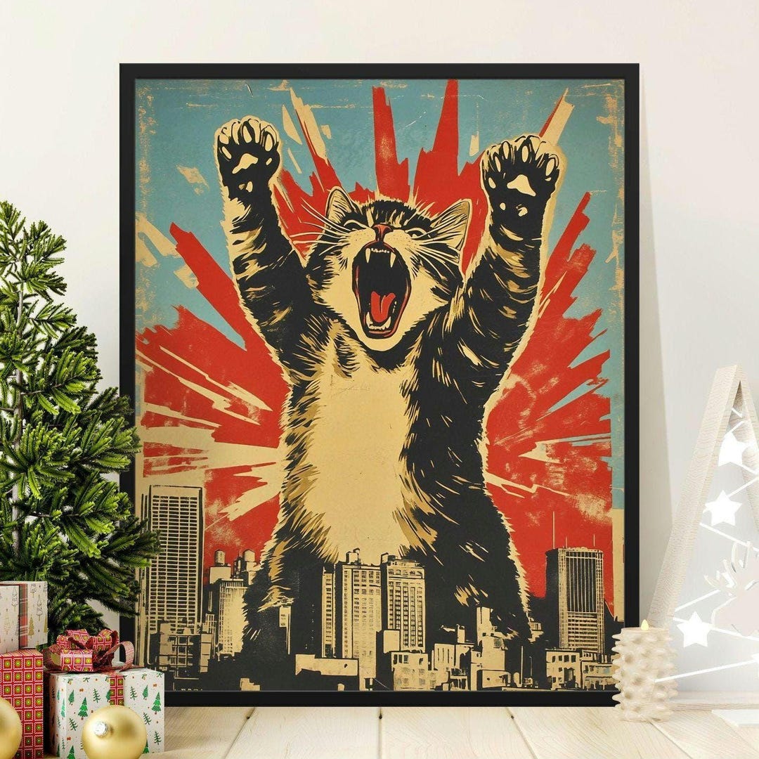 Epic Cat Poster, Cat Art Print, Giant Cat Over City, Funny Cat Wall Art ...