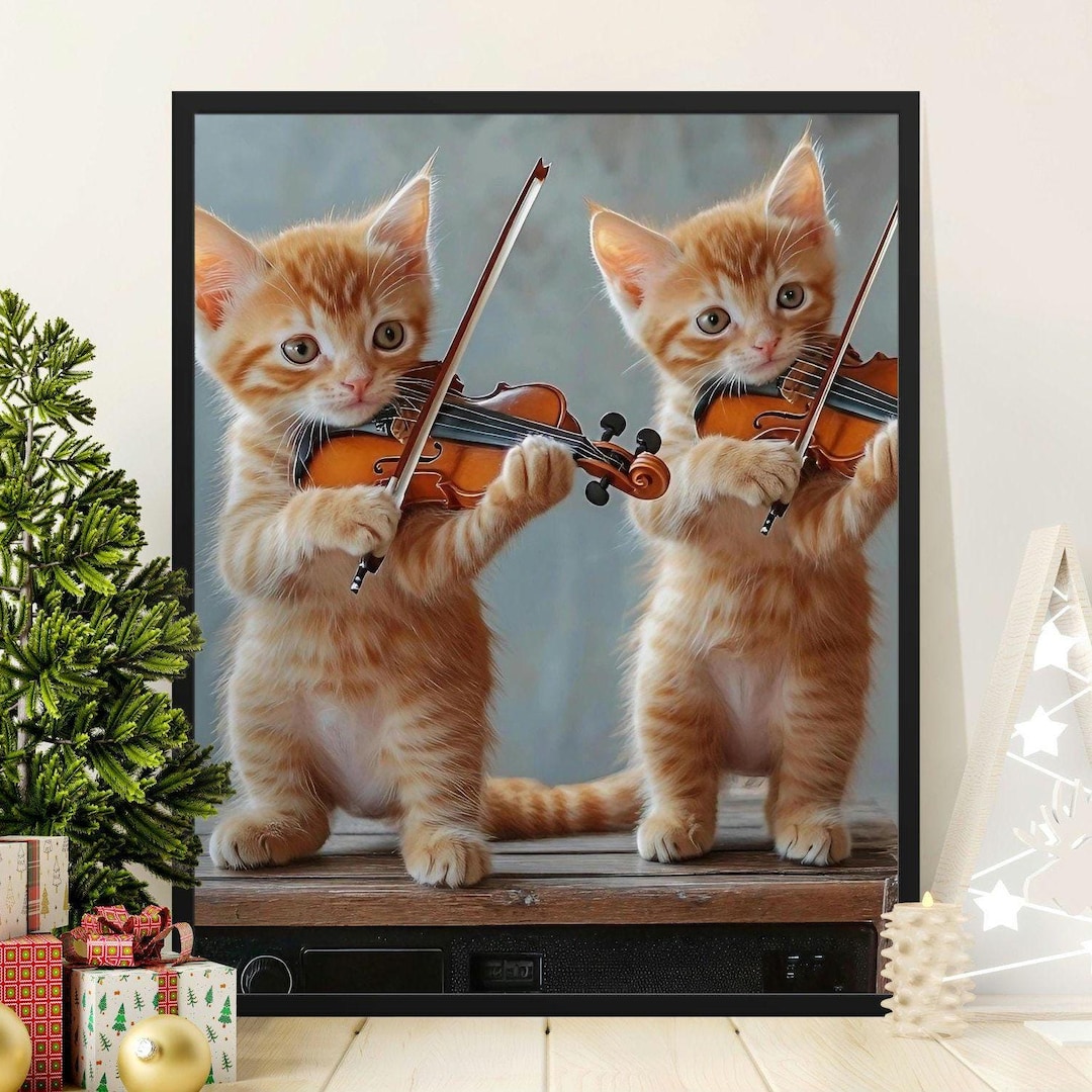 Cute Kittens Poster, Adorable Cat Playing Violin, Animal Art Decor ...