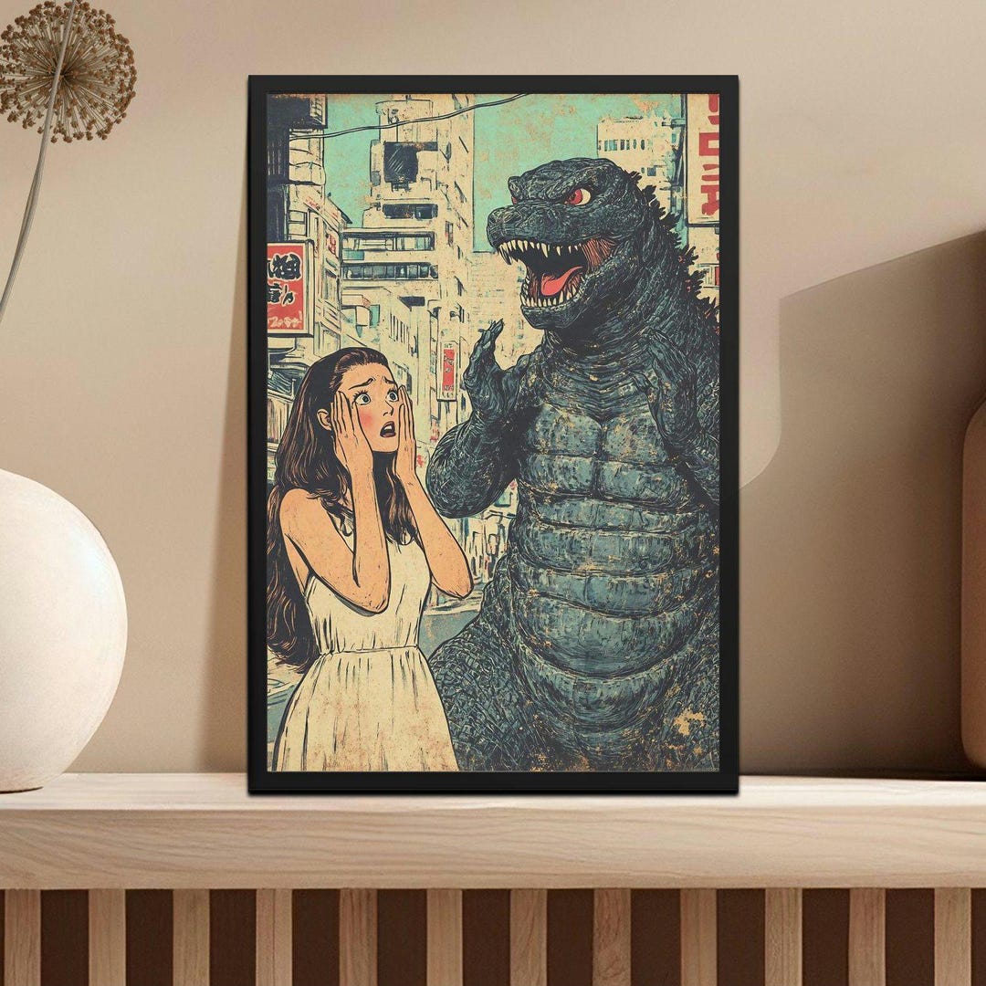 Godzilla Encounter Posters, Retro Kaiju Art, Scared Girl Posters, Movie ...