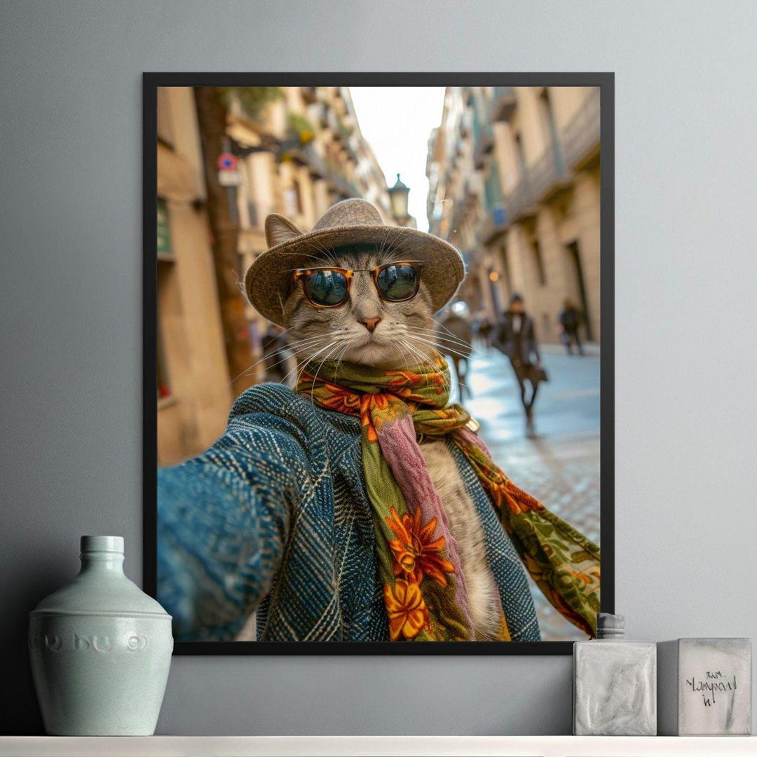 Cool Cat in Hat Poster, Retro Style Cat Artwork, Quirky Animal Wall Art ...