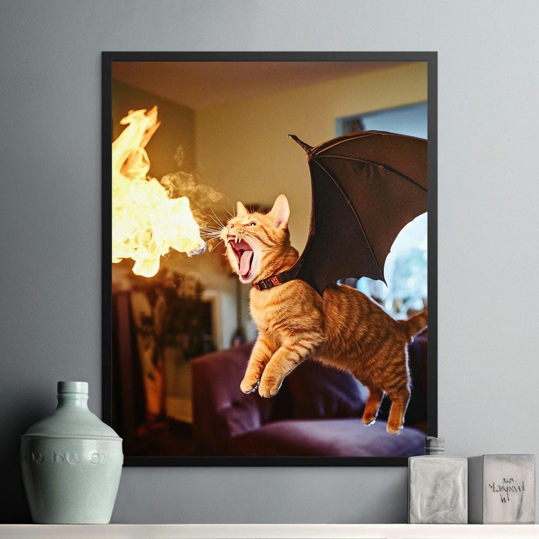 Funny Fire Breathing Cat Poster, Flying Cat With Wings Art Print ...