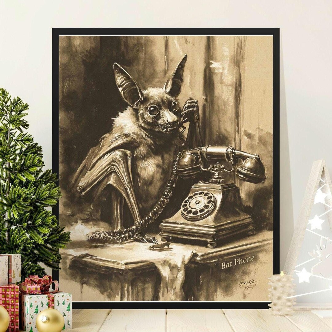 Bat on Phone Art Print, Sepia Tone, Unusual Animal Poster - Etsy