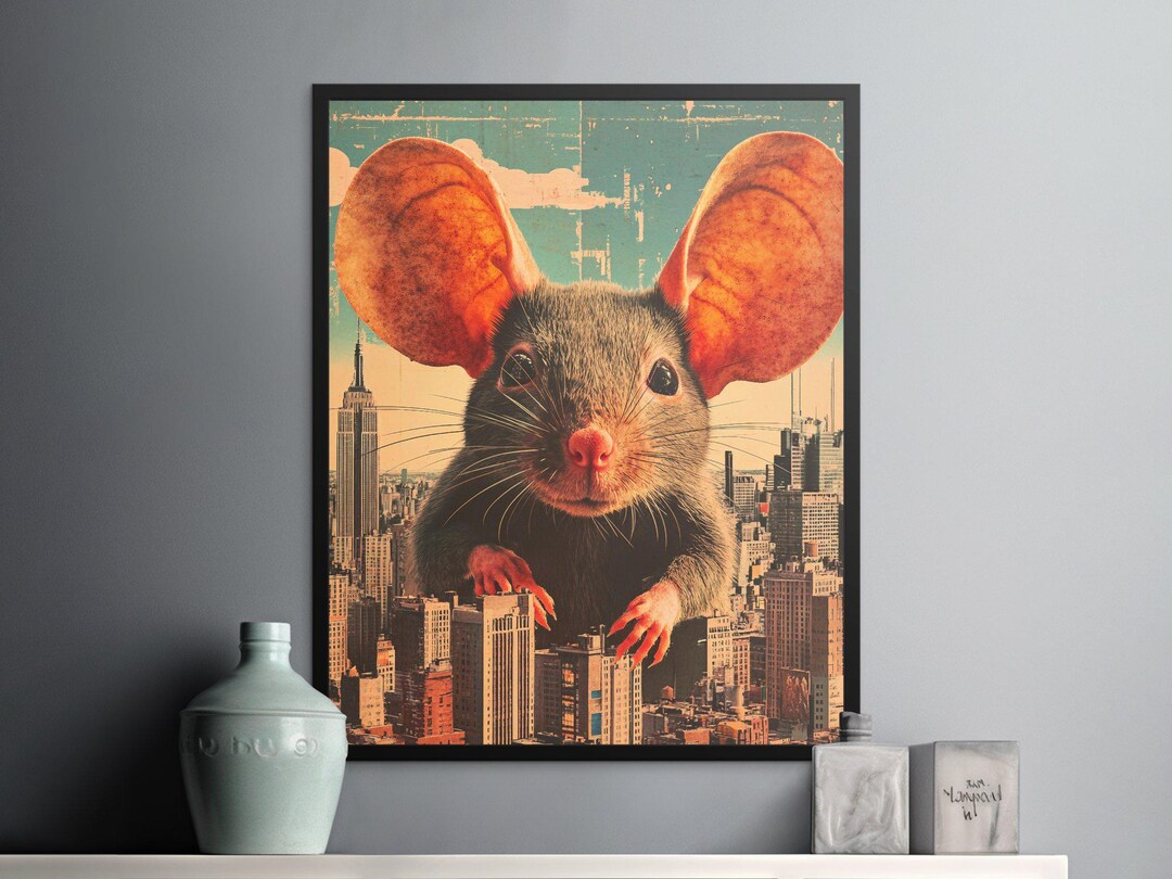 Cute Mouse Poster, Animal Art Print, Cityscape Artwork, Large Canvas ...