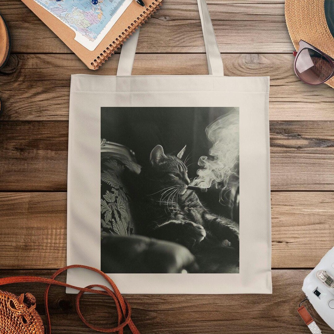 Stylish Cat Smoking Tote Bag for Daily Use, Unique Black and White Cat ...