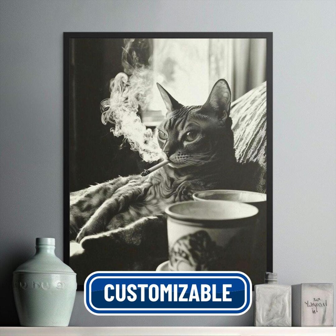 Custom Personalized Cat Smoking Pet Portrait - , Humorous Cat ...