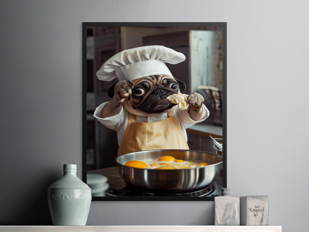 Cute Pug Chef Poster, Funny Dog Cooking Art Print, Whimsical Kitchen ...