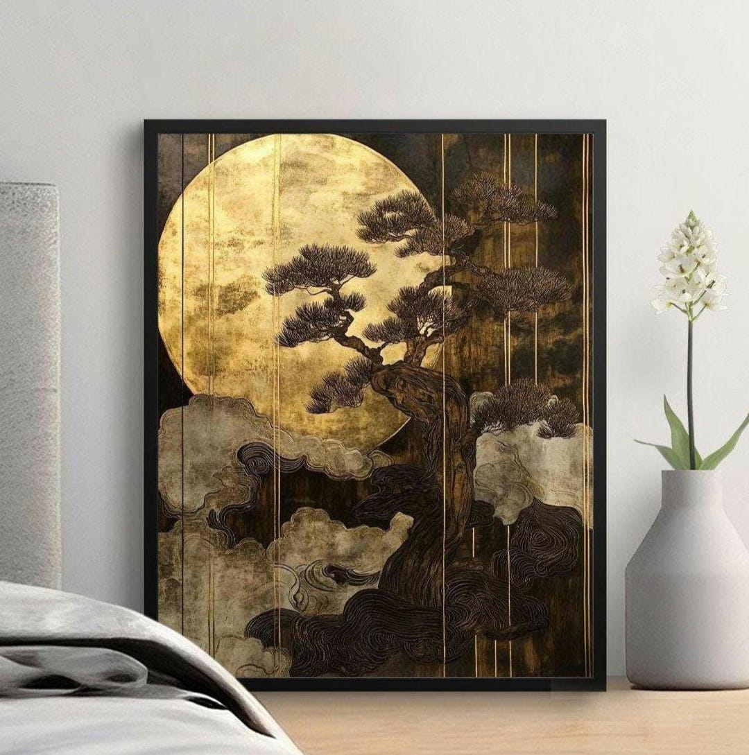 Vintage Japanese Moonlit Tree Wall Art, Large Poster Gold Night Artwork ...