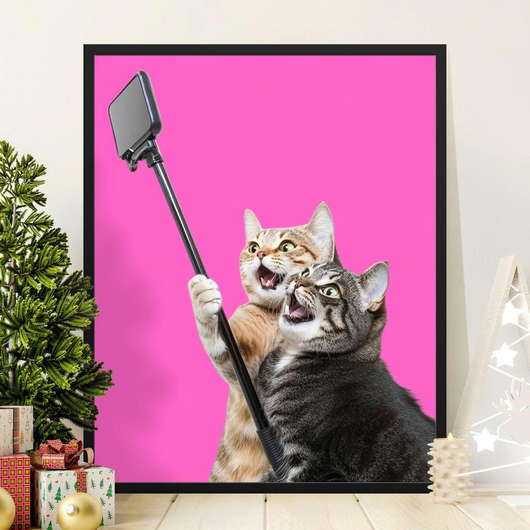 Cute Cats Taking Selfie Art Print, Funny Cat Lovers Wall Art, Adorable ...