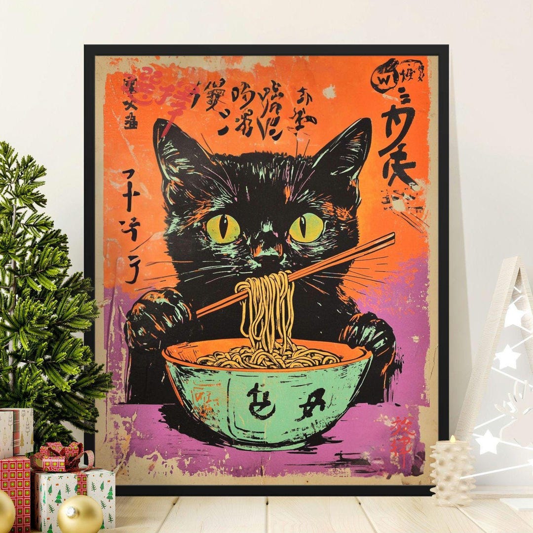 Cute Cat Eating Noodles Poster, Unique Vintage Style Art Print, Fun ...