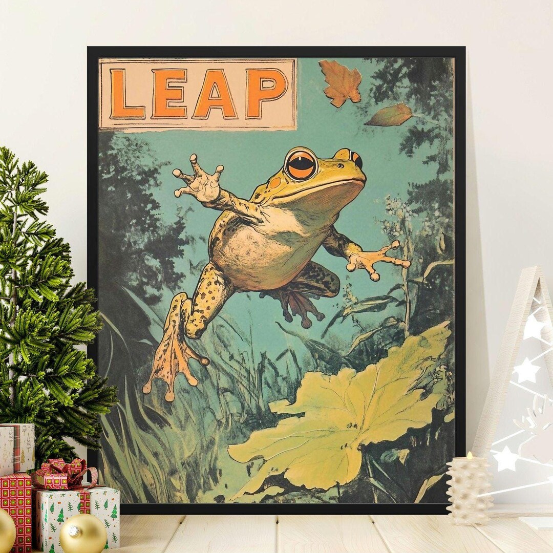 Vintage Frog Leap Wall Art, Retro Nature Illustration Poster, Unique ...