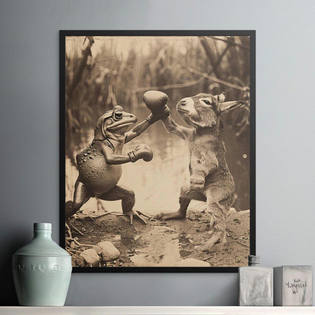 Vintage Boxing Frog and Donkey Poster, Whimsical Animal Characters ...