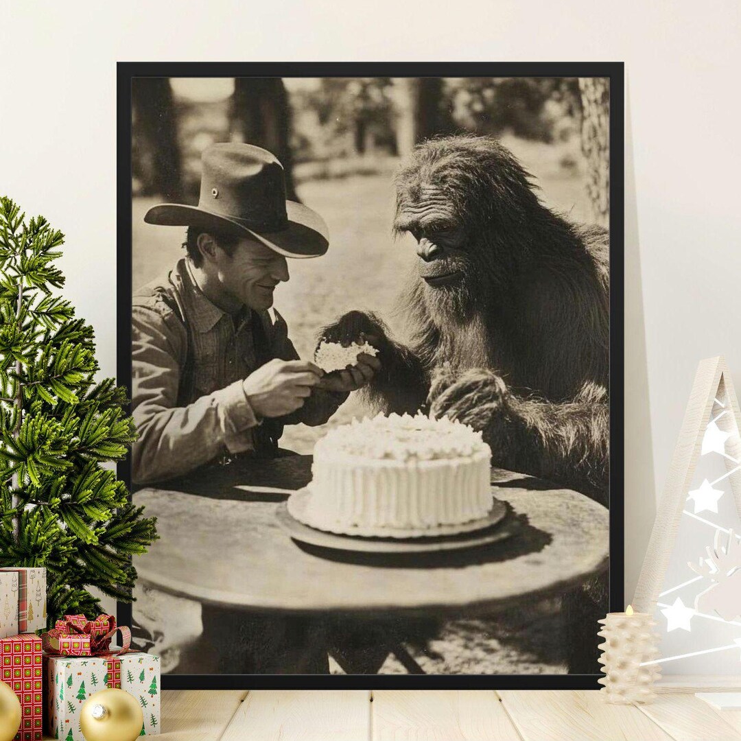 Vintage Cowboy and Bigfoot Eating Cake Wall Art, Black and White ...