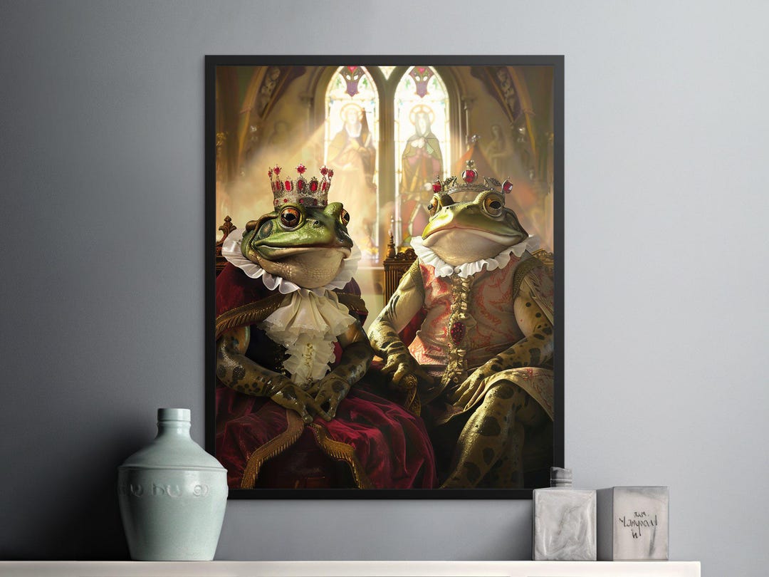 Royal Frog Couple Portrait, Whimsical Amphibian Wall Art, Regal Frog ...