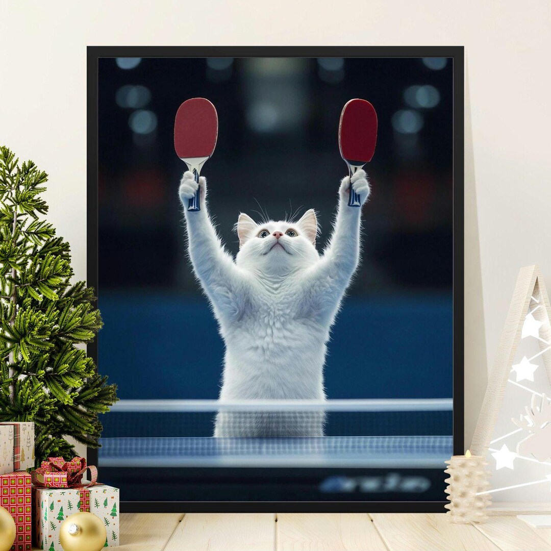 Cute Cat Playing Table Tennis Poster, Fun Animal Wall Art for Kids Room ...