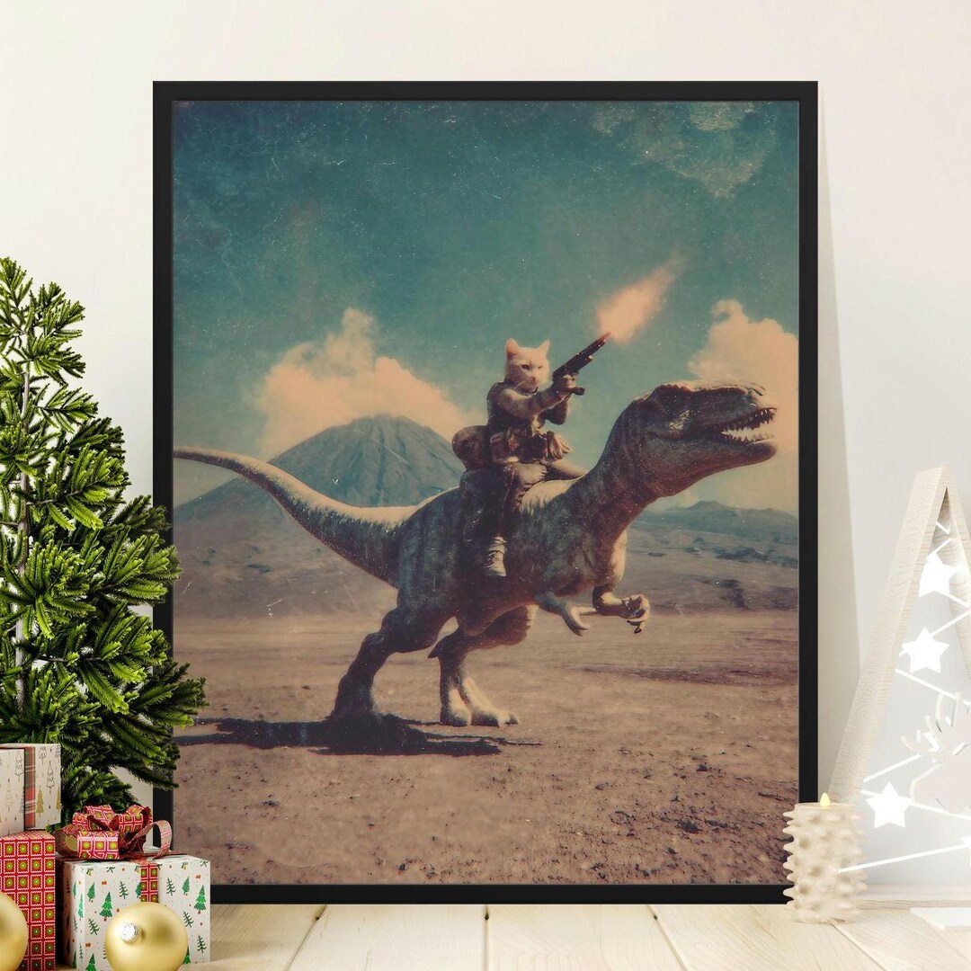 Cat Riding T-rex Poster: Funny Dinosaur Print, Vintage Style Wall Art ...