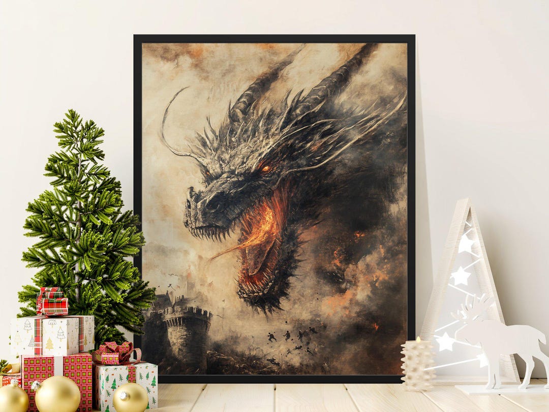 Epic Fire Breathing Dragon Poster, Fantasy Art Wall Print, Mythical ...