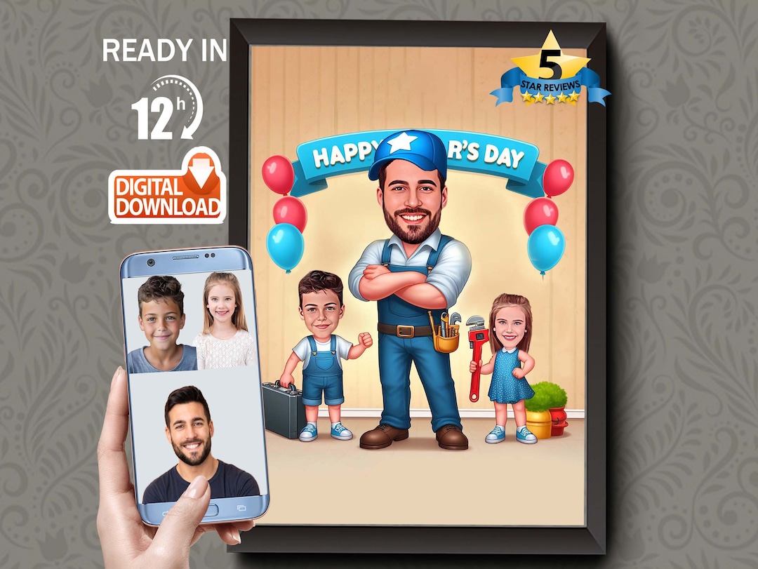 Engineer Construction Worker Dad and Son Cartoon Portrait, Football Dad ...