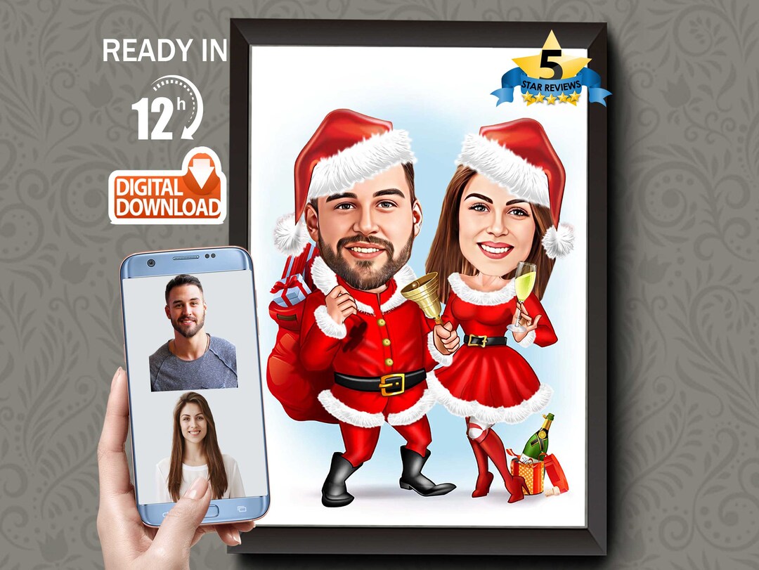 Christmas Family Caricature From Photos Funny Holiday Cartoon Portrait ...