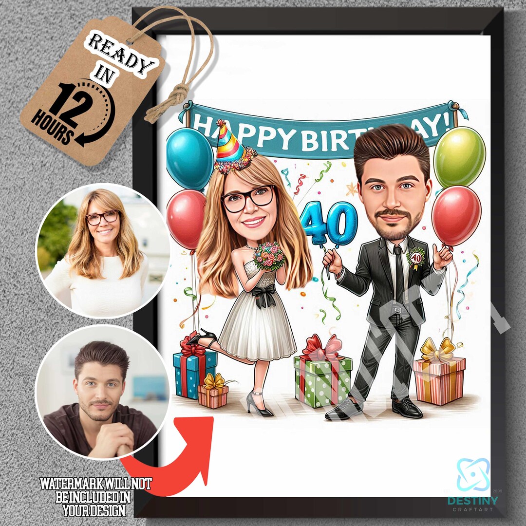 40th Birthday Caricature: Happy Couple With Gifts in a Joyful ...