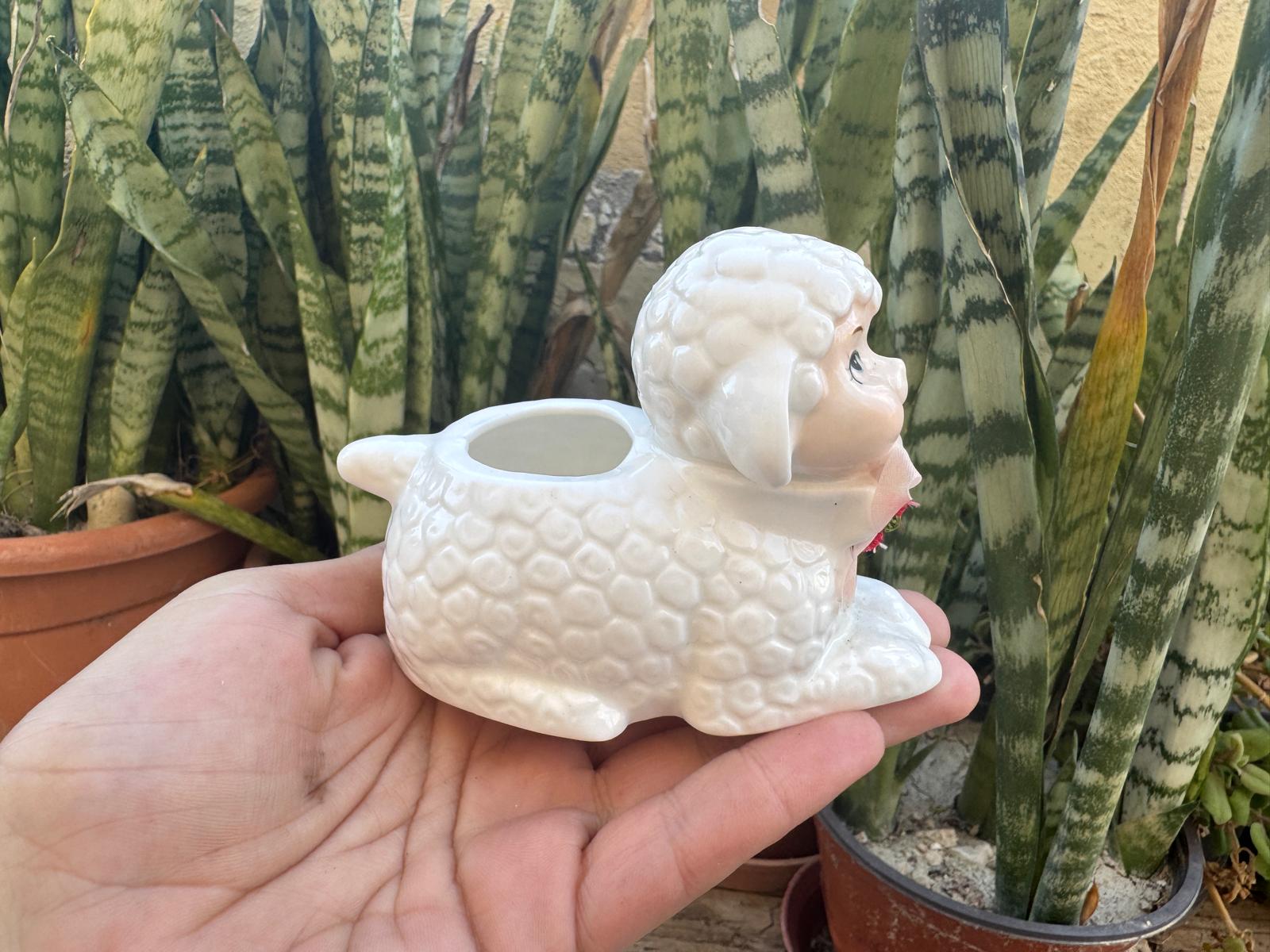 Cute Kitsch Lamb Planter With Bow | Retro Ceramic Animal Planter ...