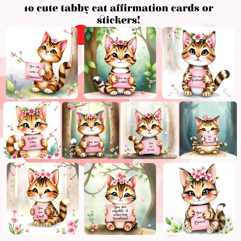 10 Tabby Cat Affirmation Cards • Kawaii Positive Prints - Etsy