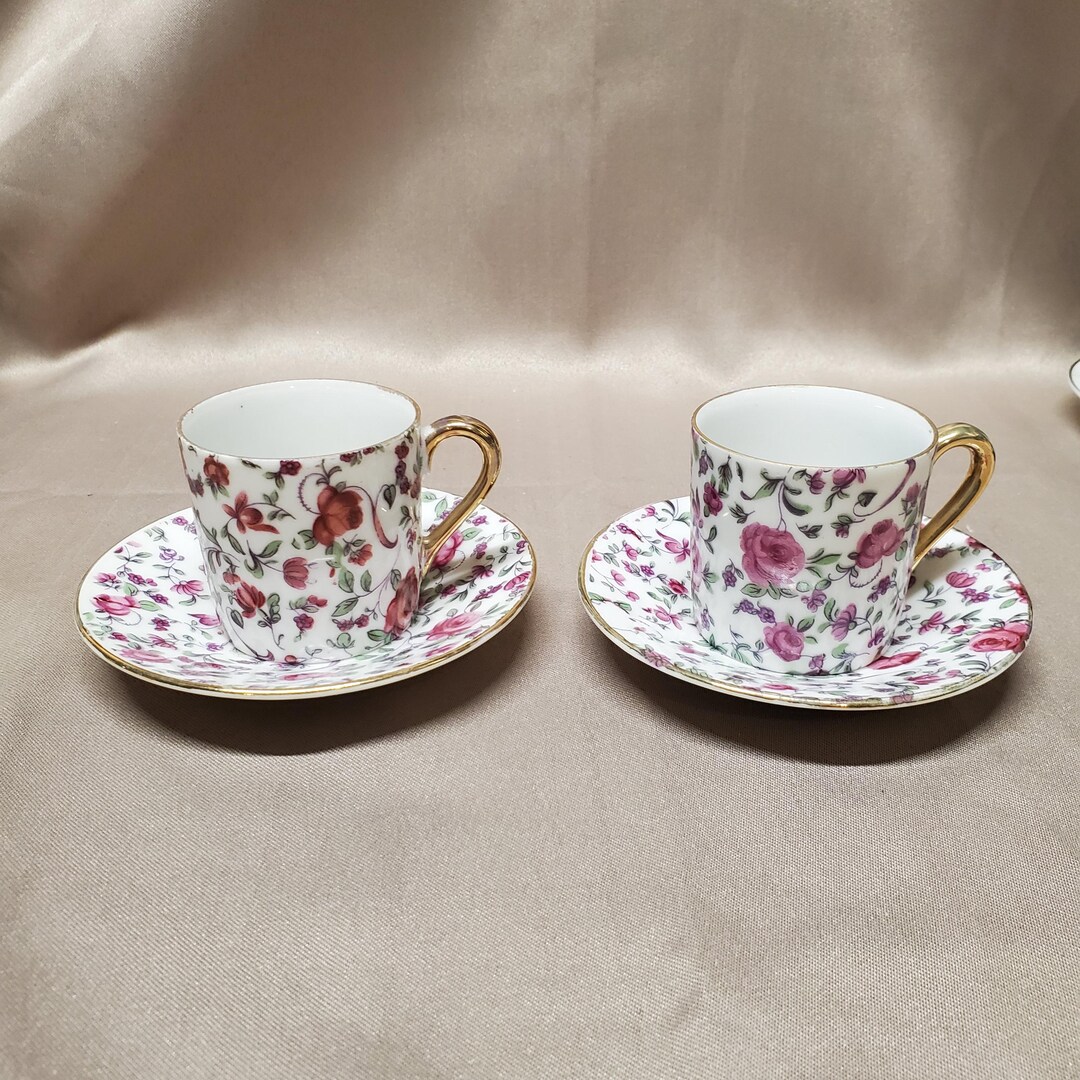 Vintage Inarco Pink Roses Demitasse Porcelain Cups & Saucer/ Gold Rim ...