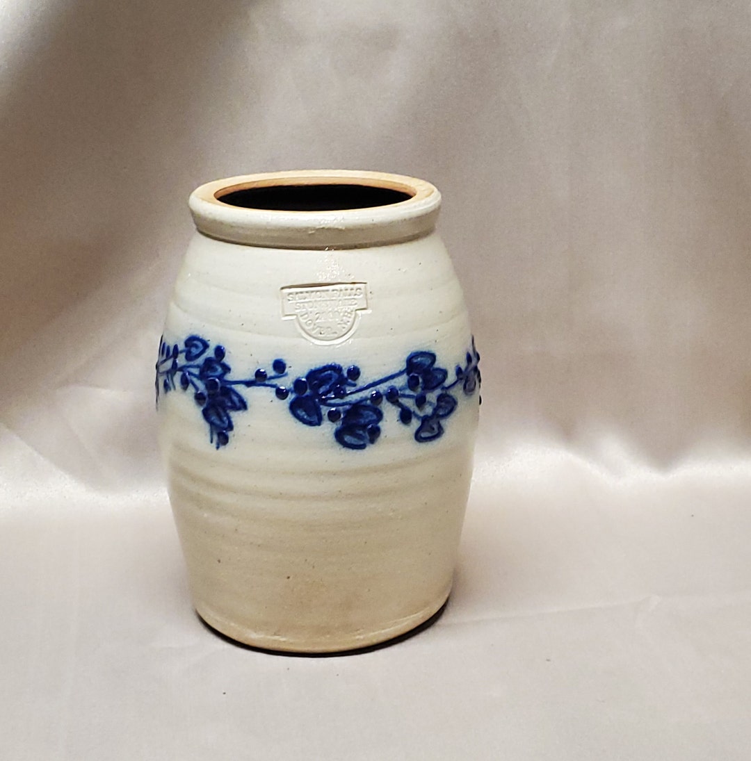 Vintage Salmon Falls Pottery Salt Glazed Stoneware Vase Crock Blueberry ...