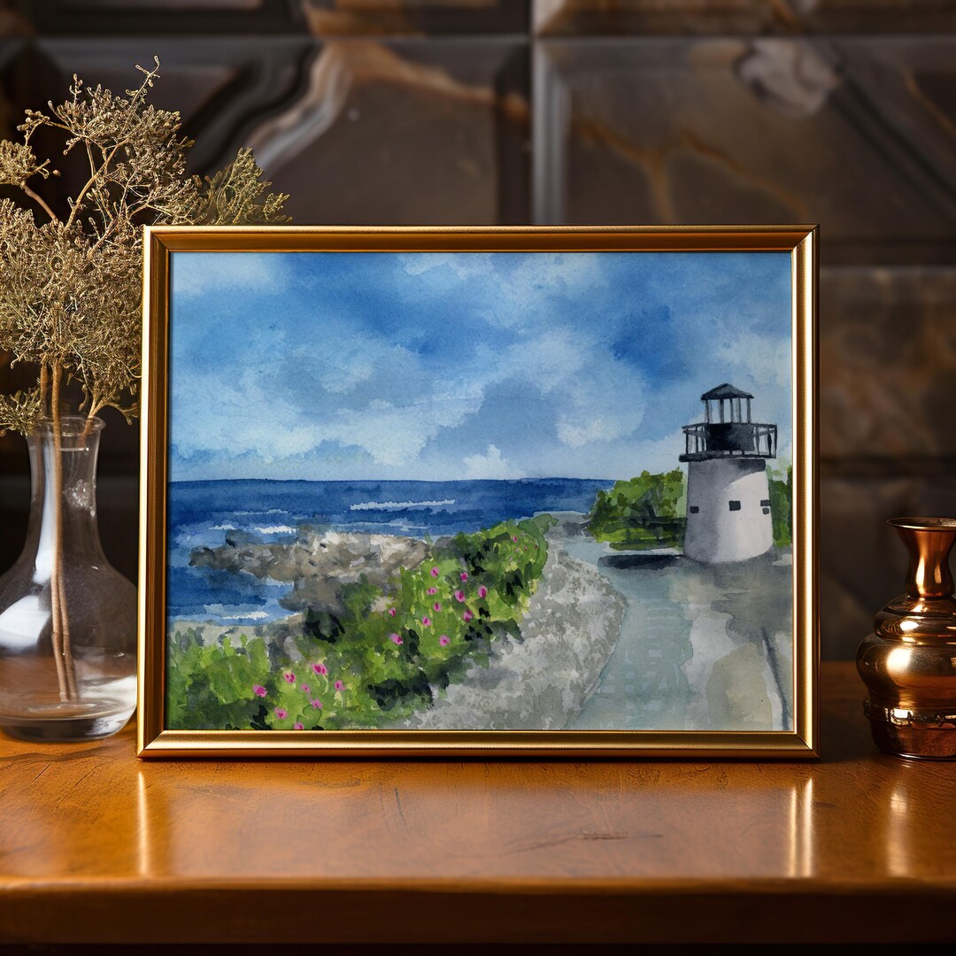 Lighthouse Watercolor Wall Art Print Ogunquit Maine Marginal Way - Etsy