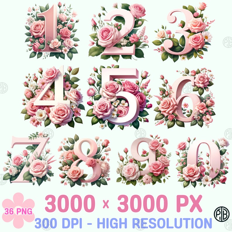 Watercolor Pink Rose Floral Alphabet & Number PNG, Flower Clip Art ...