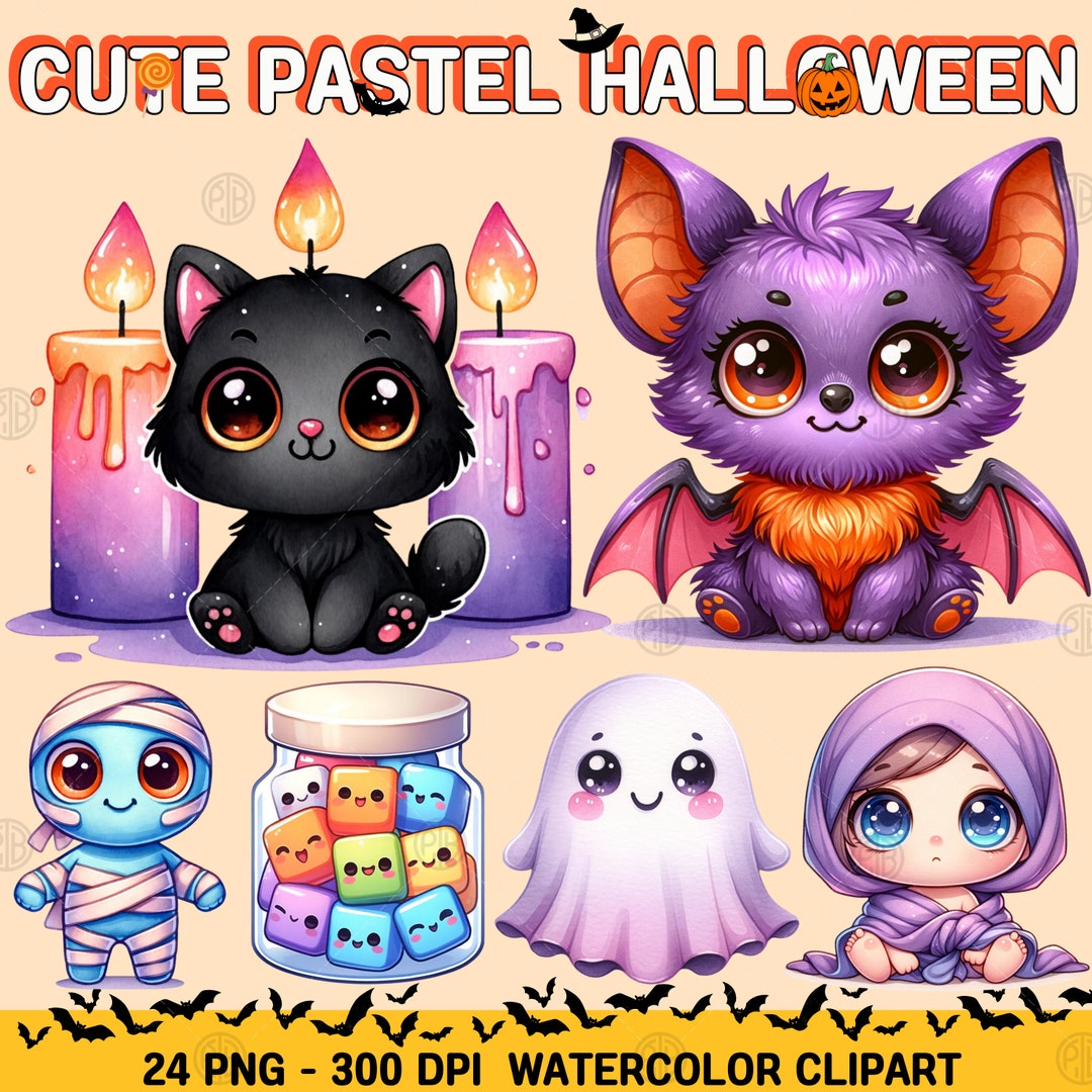 Watercolor Cute Pastel Halloween PNG, Kawaii Witch Clip Art, Spooky ...