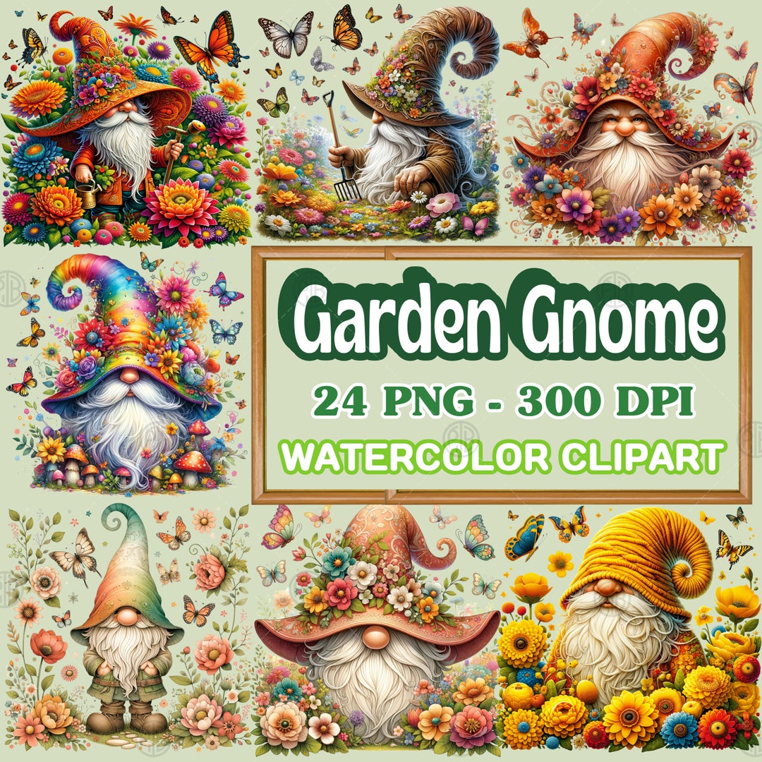 Watercolor Garden Gnome Clipart, Cute Gnomes With Butterfly & Flowers ...