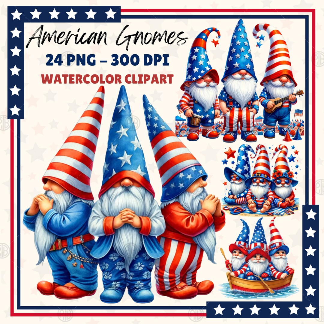 Watercolor American Gnomes PNG, Patriotic Gnome Clip Art Portrait, 4th ...