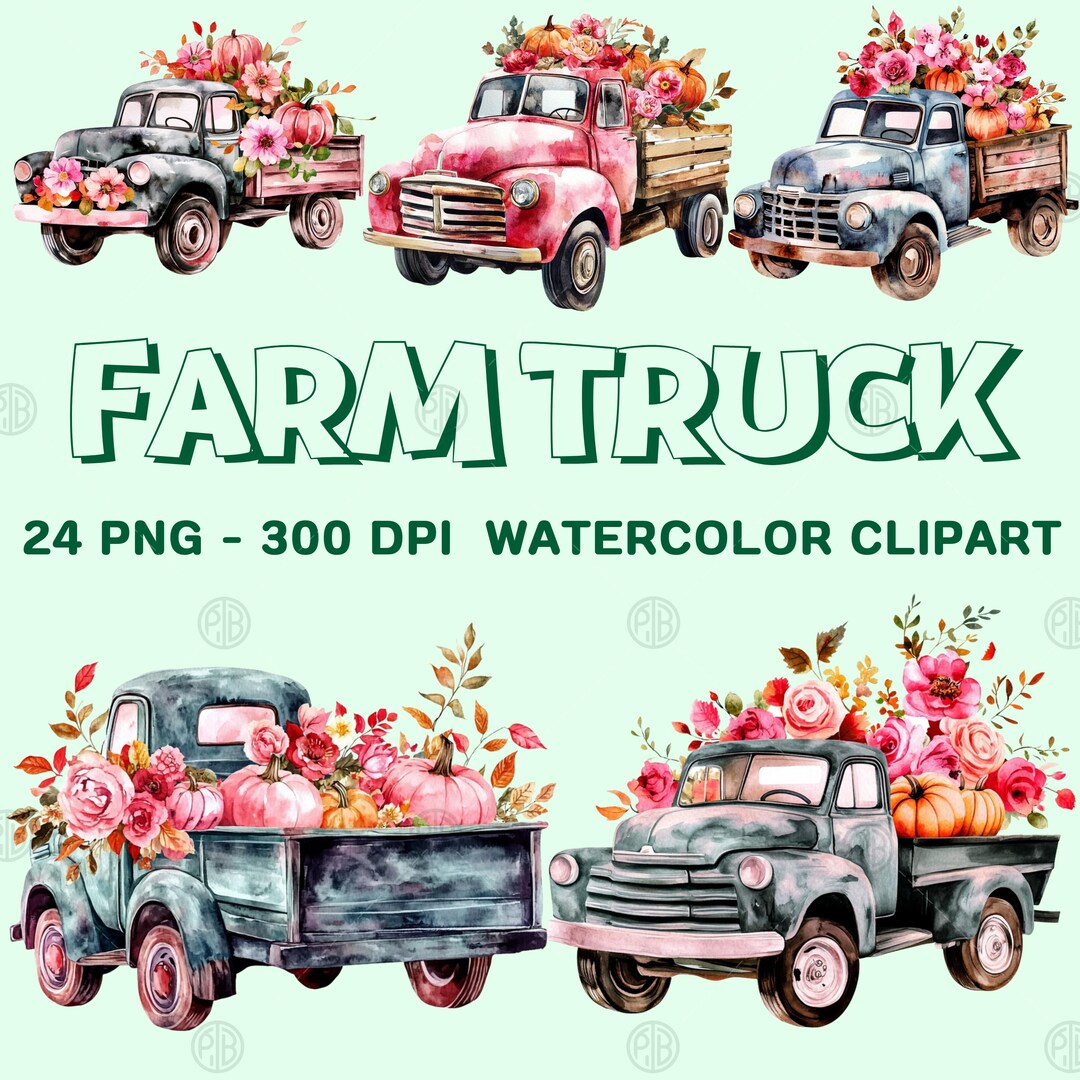 Watercolor Pink Farm Truck PNG, Vintage Floral Clip Art, Fall With ...