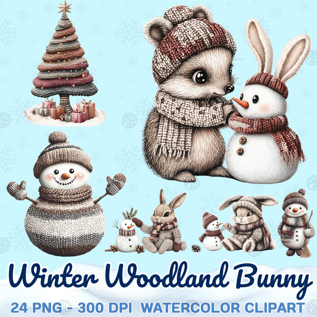 Watercolor Winter Woodland Bunny PNG, Cozy Animal Clip Art, Snowmen ...
