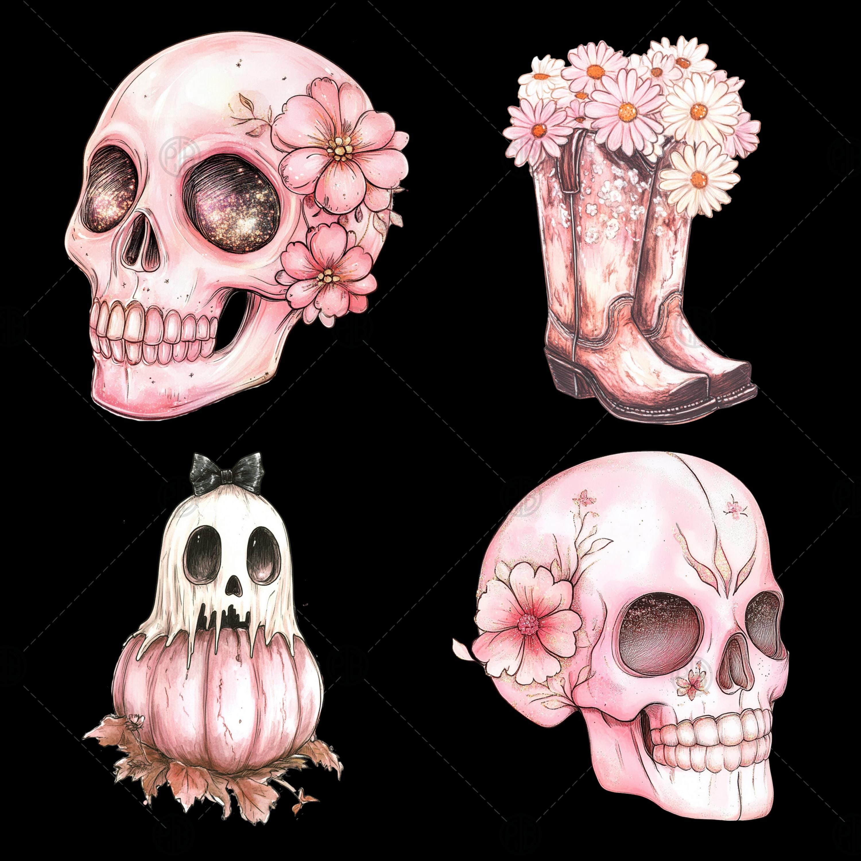 Watercolor Pink Ghost Autumn PNG, Spooky Clip Art, Skull Pumpkins ...