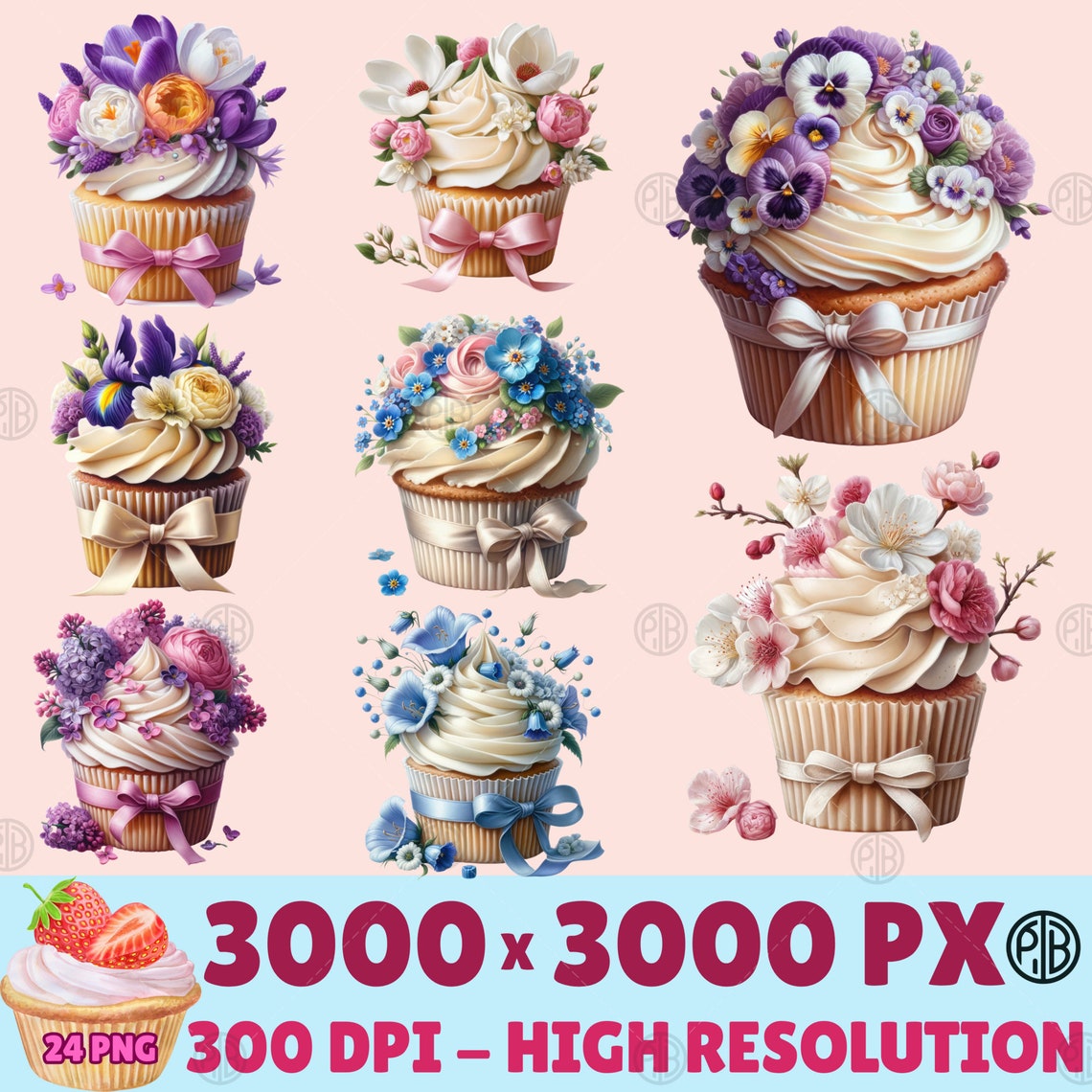 Watercolor Flowers Cupcake PNG, Sweets Clip Art Portrait, Treats ...
