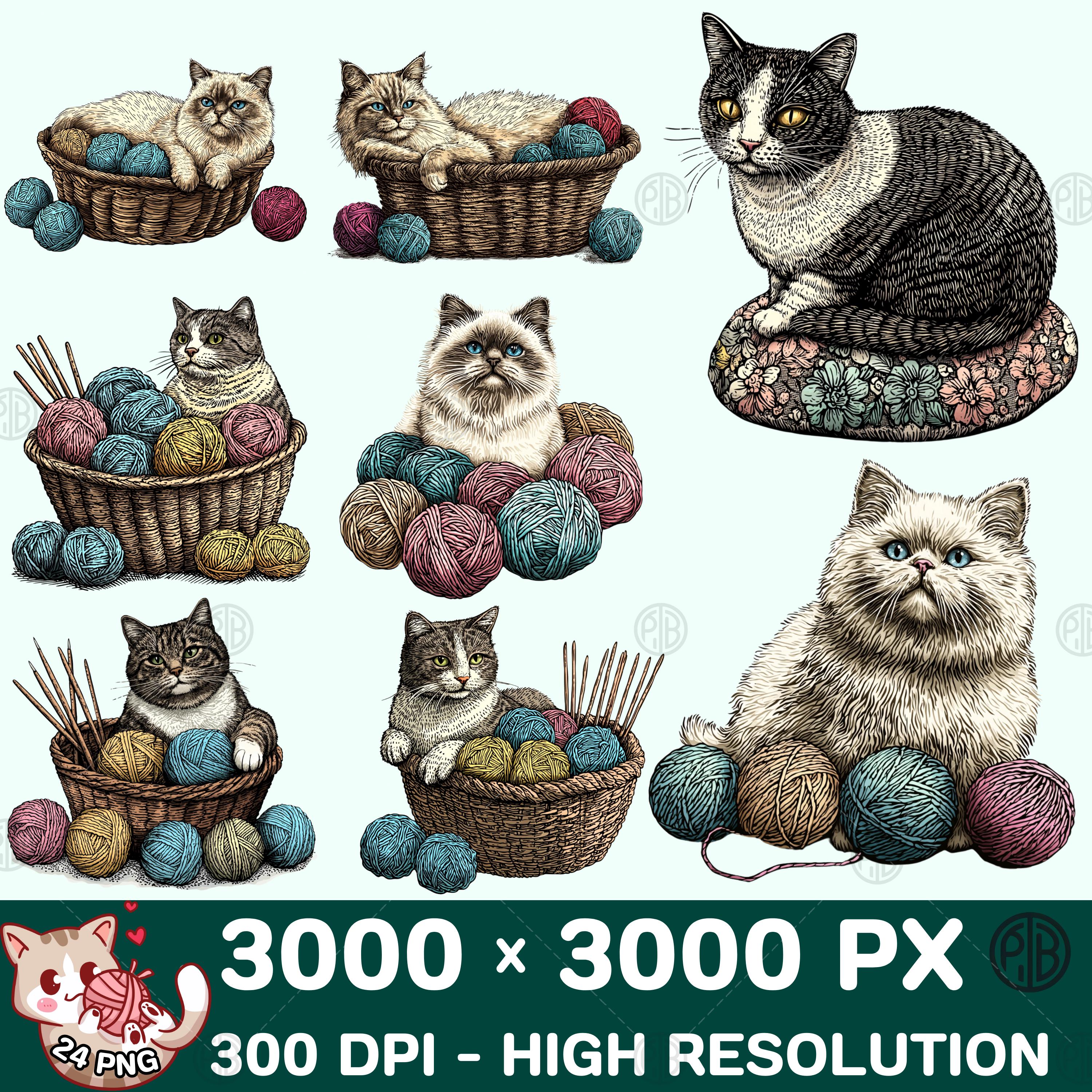 Watercolor Cat With Yarn PNG, Cute Kitten Yarn Balls Clip Art, Playful ...