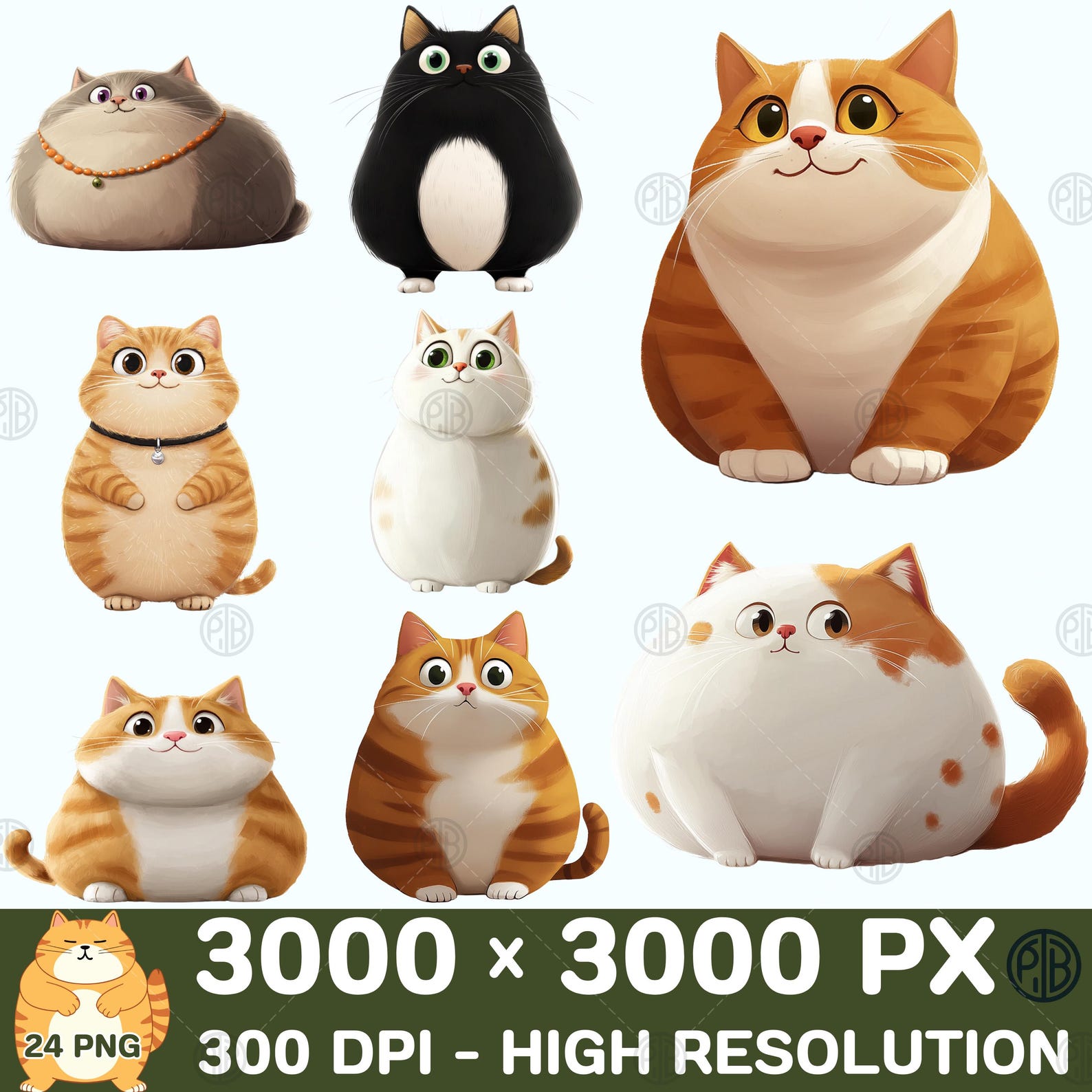 Watercolor Kawaii Fluffy Fat Cat PNG, Cute Cartoon Round Cats Clip Art ...