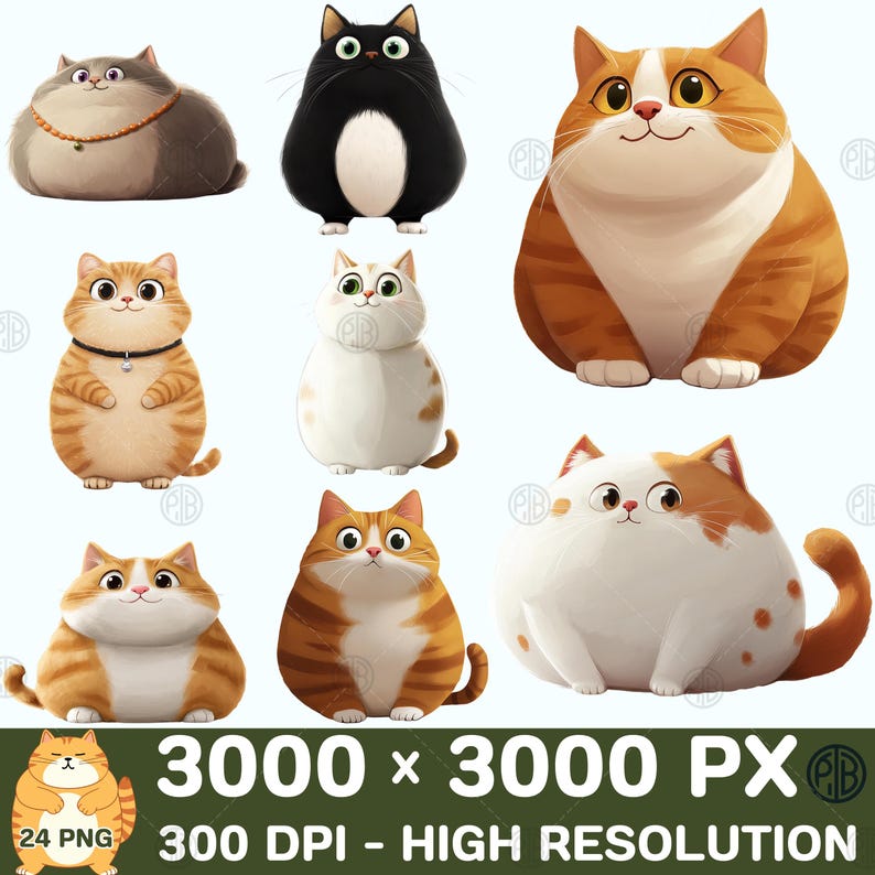 Watercolor Kawaii Fluffy Fat Cat PNG, Cute Cartoon Round Cats Clip Art ...