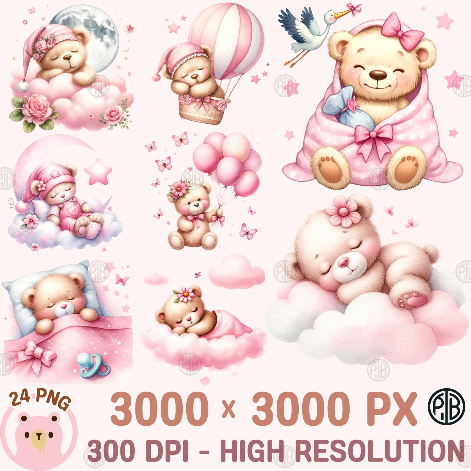 Watercolor Pink Sleepy Bear PNG, Cute Baby Bear Clip Art, Sweet Cartoon ...