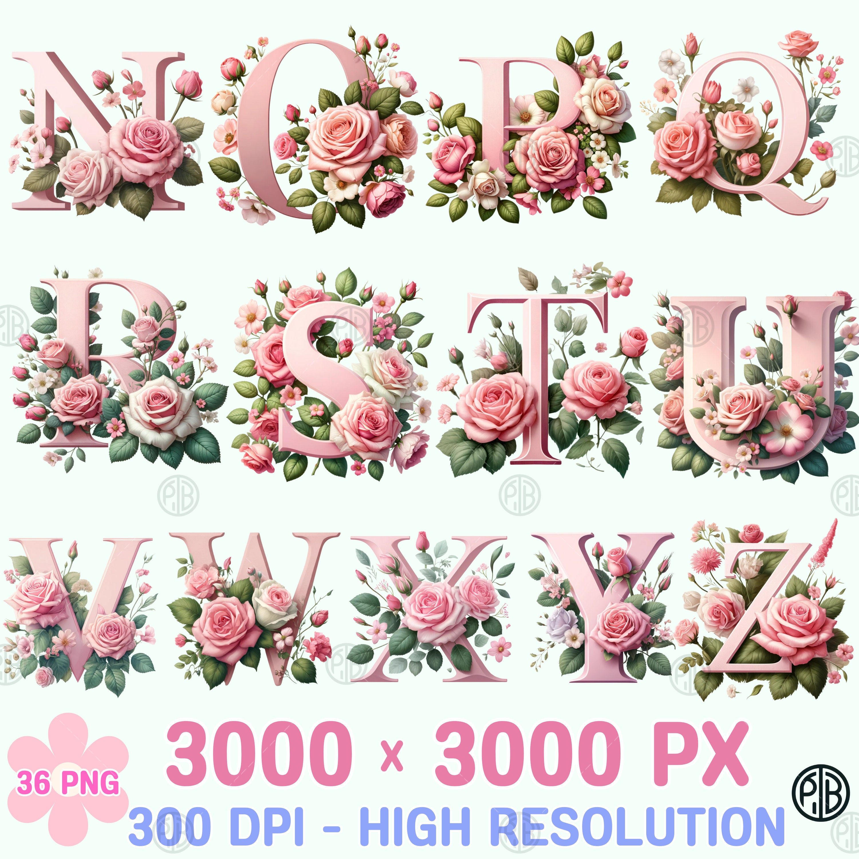 Watercolor Pink Rose Floral Alphabet & Number PNG, Flower Clip Art ...