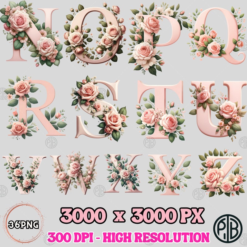 Watercolor Alphabet & Number Soft Pink Rose Clipart, Cute Floral ABC ...