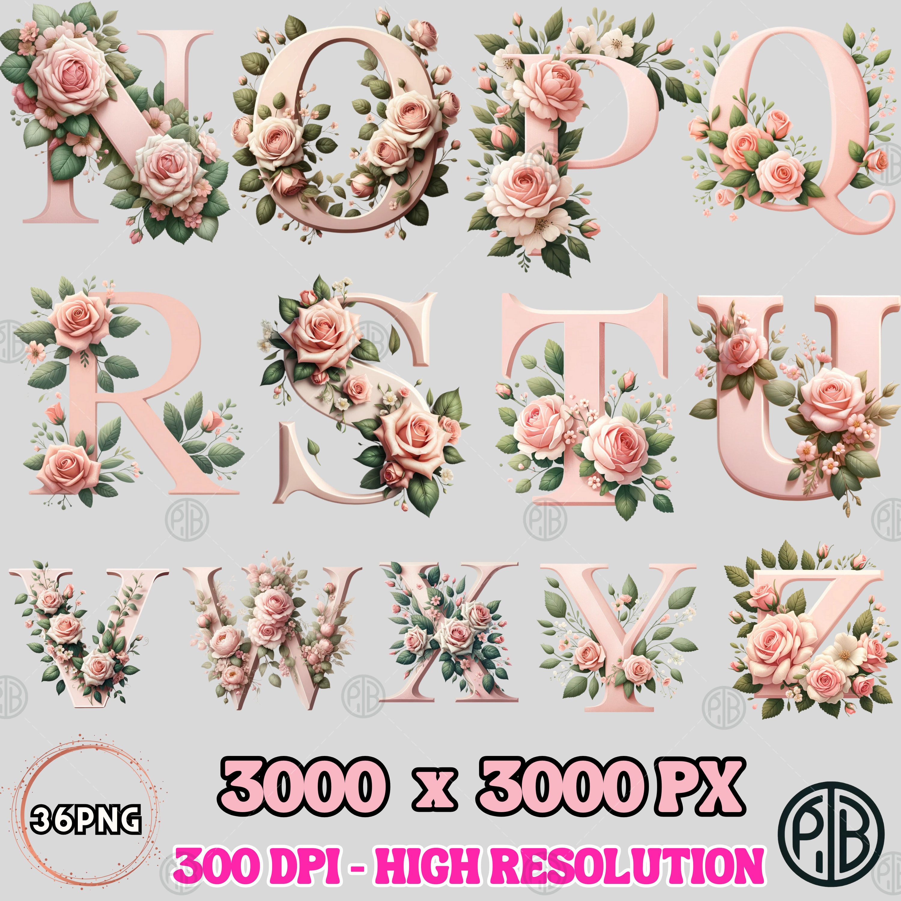 Watercolor Alphabet & Number Soft Pink Rose Clipart, Cute Floral ABC ...