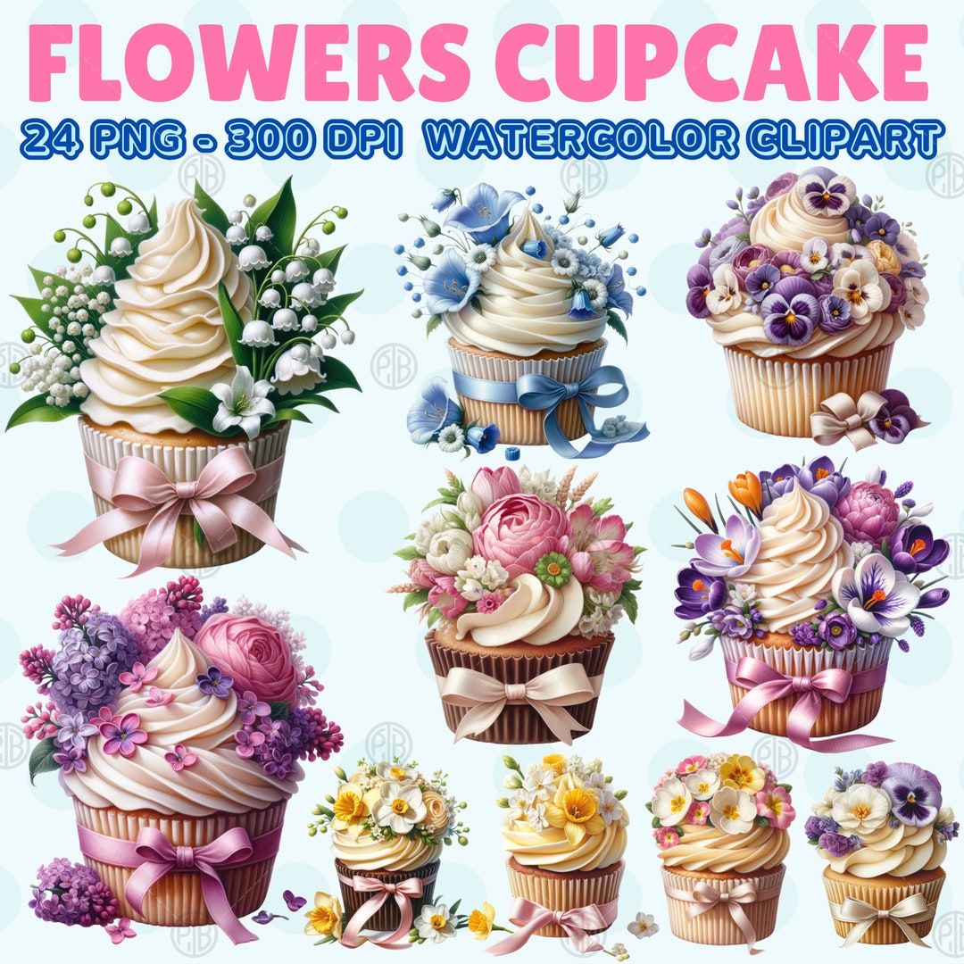 Watercolor Flowers Cupcake PNG, Sweets Clip Art Portrait, Treats ...