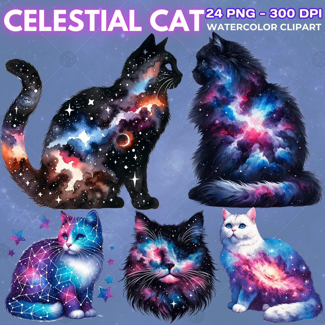 Watercolor Night Sky Cat PNG, Celestial Kitten Clipart, Fantasy ...